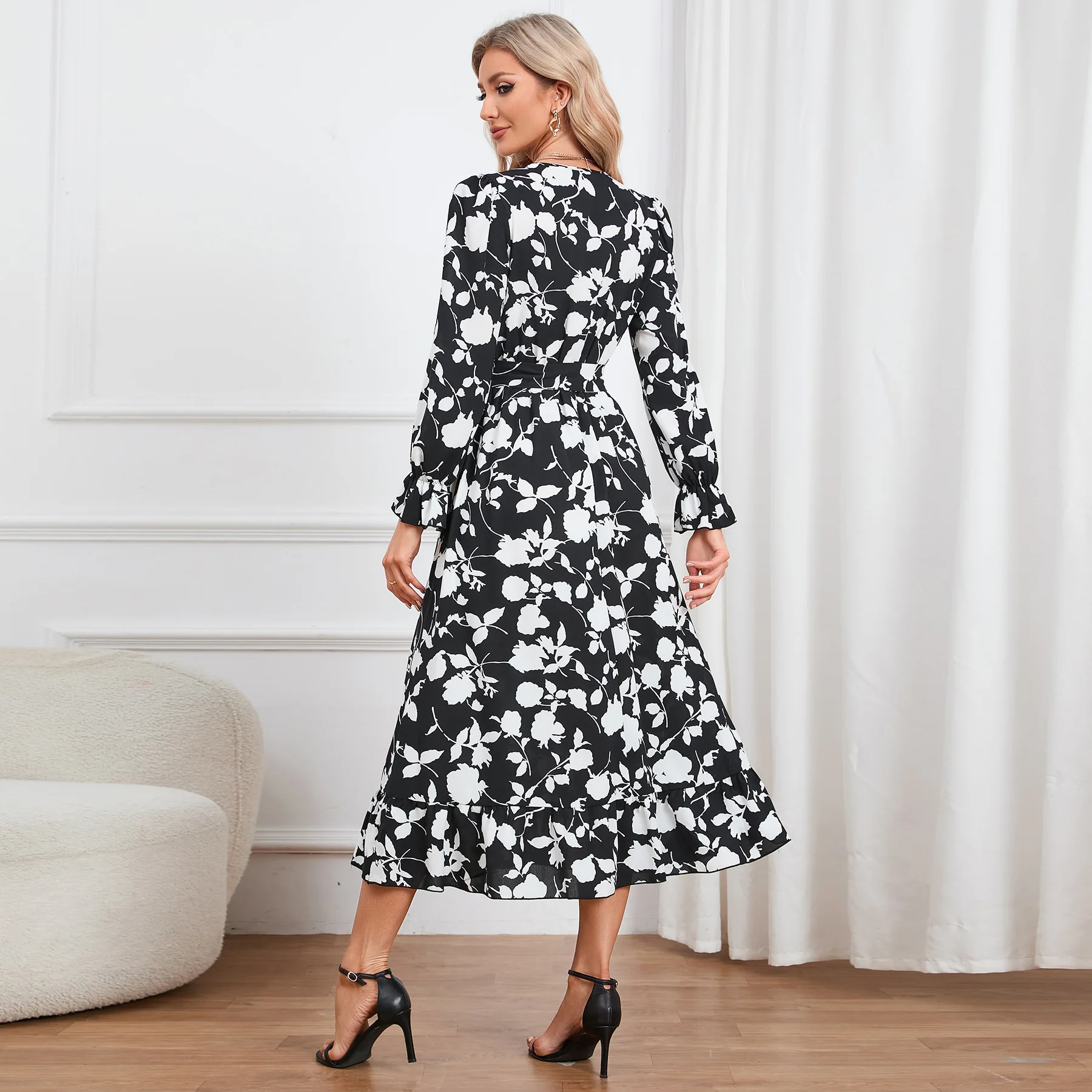 High Quality Women Clothing Casual Long Sleeve Dresses Print Flower ...