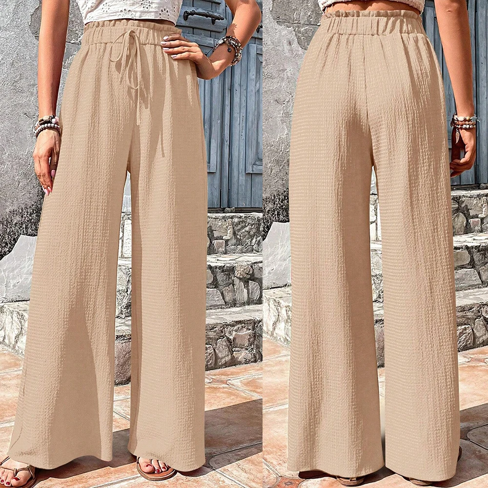 Women's Wide Leg Trousers High Elastic Waisted Bubble Plaid Wide Bottom ...