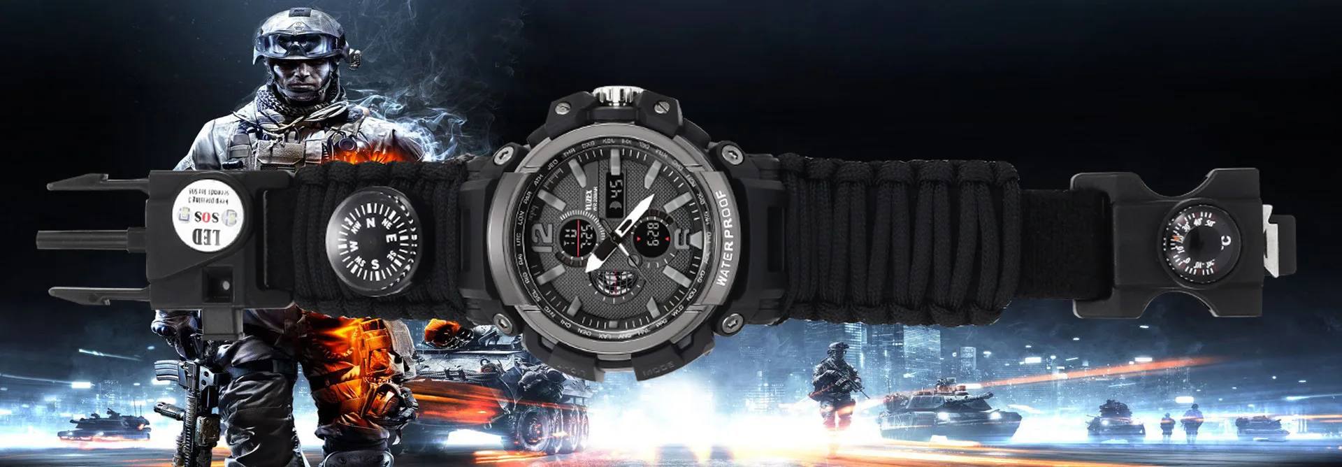 Outdoor Survival Watch Mens Tactical Multi-Functional Adjustable ...