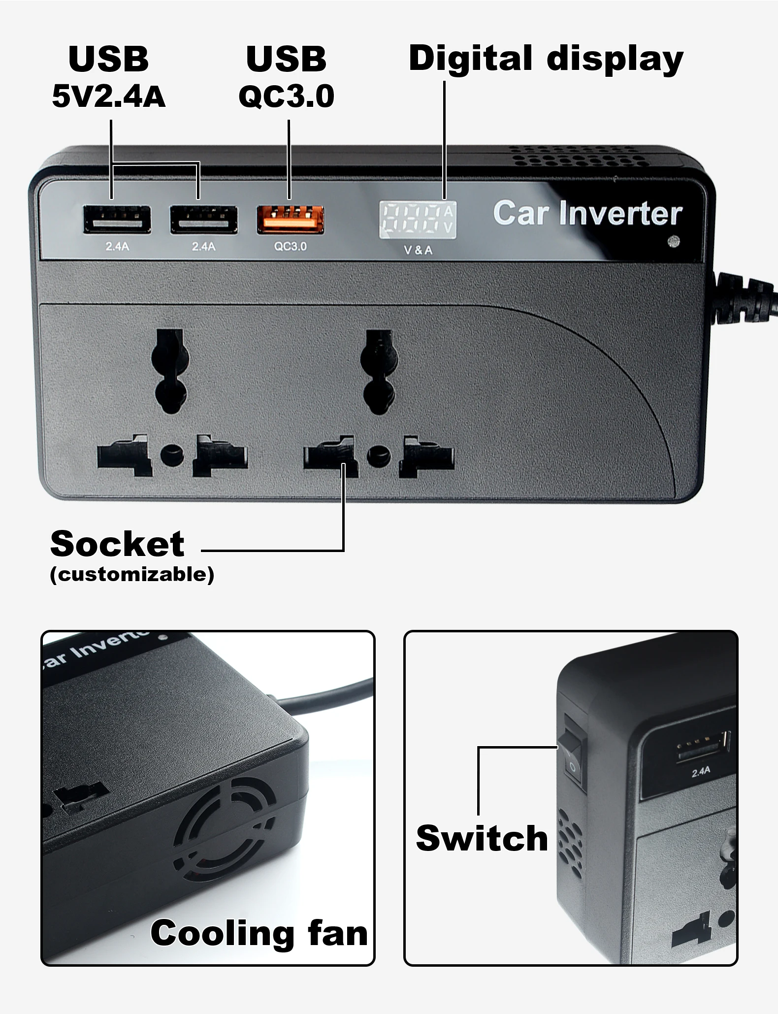 Led Display 3 Usb 1 Type-c Ports Charger Adapter Car Plug Converter Dc ...