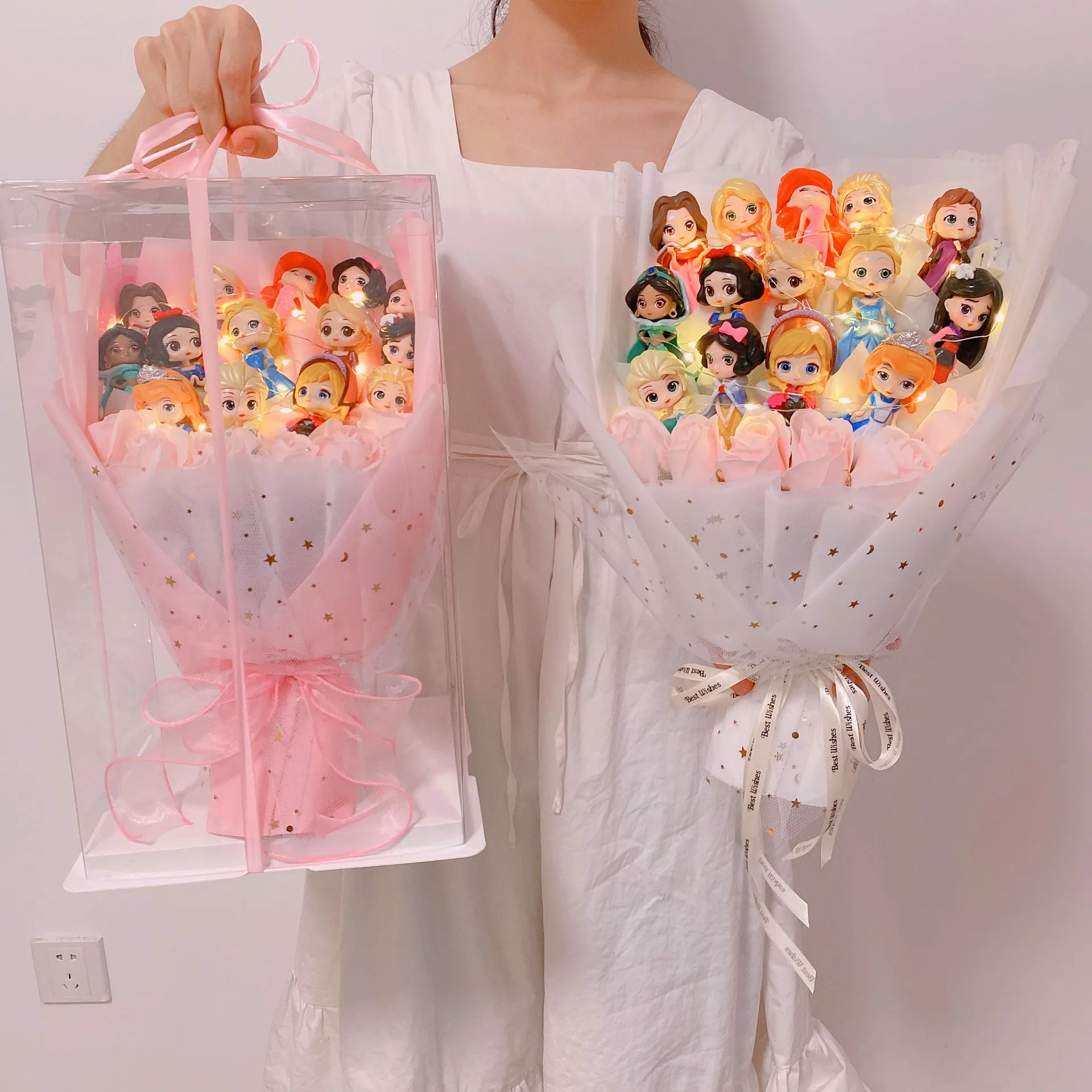 Upgraded Pvc Pink Princess Soap Flower Bouquet Gift Box Led Lights For ...