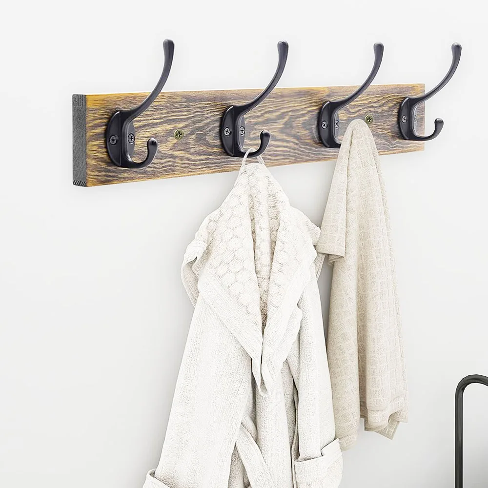 Rustic Wood Wall Mounted Coat Rack Entryway Hanging Metal Hook Wood ...