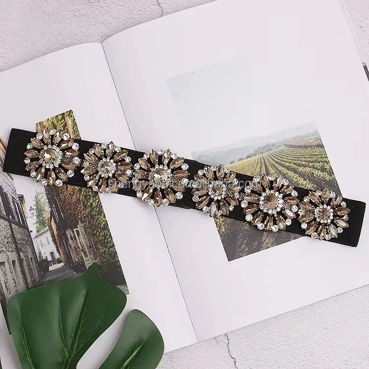 New Fashion Luxury Bling Shiny Elastic Rhinestone Flowers Belt Full ...