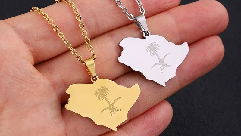 Saudi Arabian Map And Emblem Cross Sword Stainless Steel Necklace ...