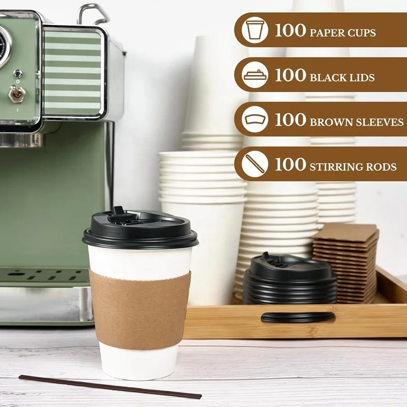 100 Pack 12 OZ to Go Coffee Cups Disposable Paper Coffee Cups With Lids ...