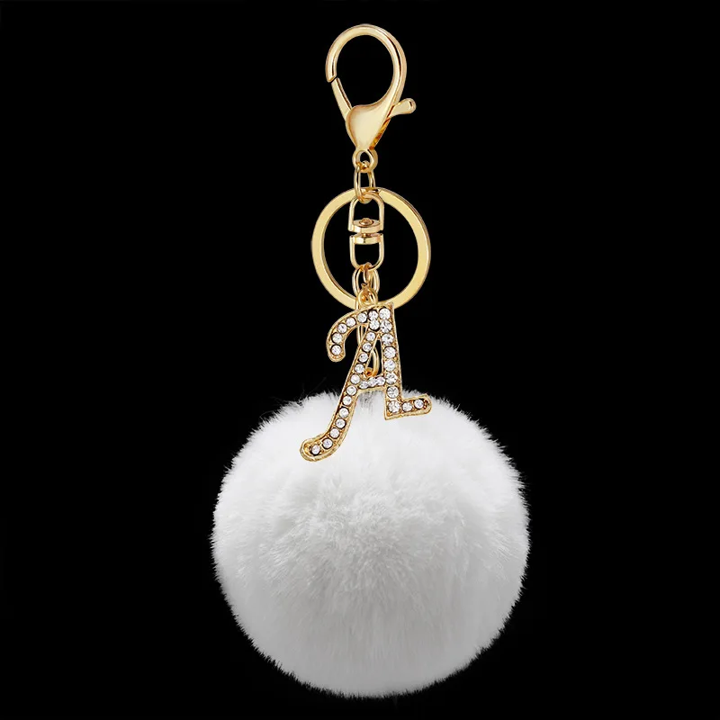 26 Letters Alphabet White Pompom Fur Ball Keychain Creative Small Gift ...