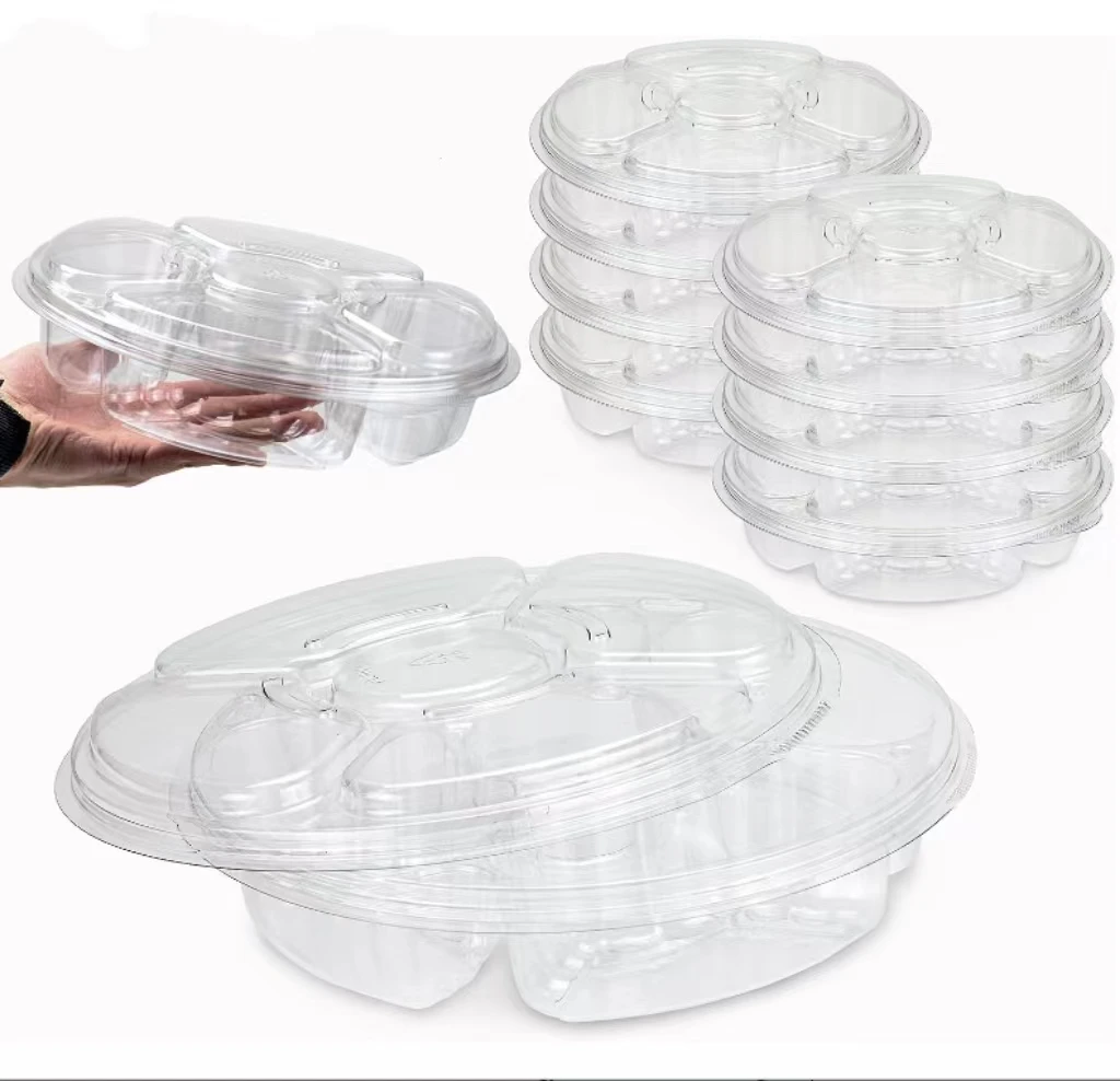 5 Divided Snacks Nibbles Party Platter With Lid 5 Compartment Round ...
