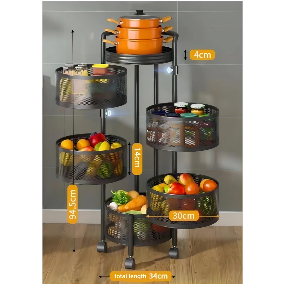 Kitchen Vegetable Storage Cart Square Rotating Rack With Wheels Metal ...