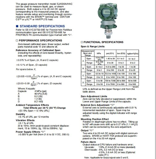 Original Yokogawa EJA530E Gauge Pressure Transmitter EJA530E-JCS9N ...
