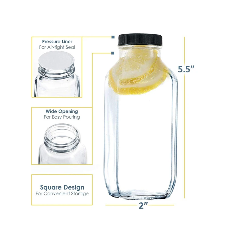 Clear French Square Beverage Glass Bottle - 8oz, 12oz, 16oz