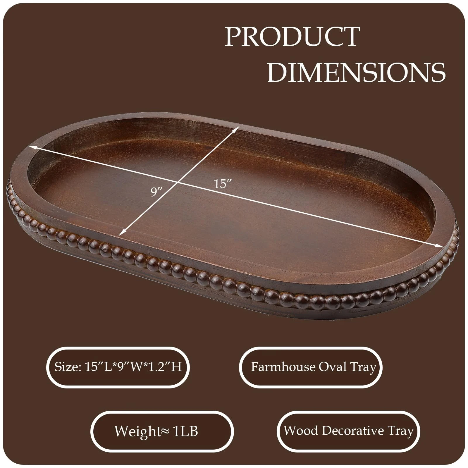 Oval Wood Serving Tray Wooden Beads Brown Tray Farmouse Rustic ...
