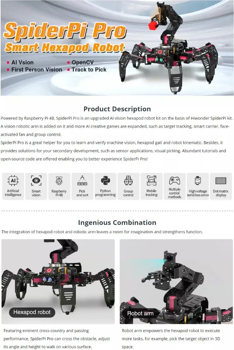 Hiwonder Spiderpi Pro - AI Vision Hexapod Robot for STEM