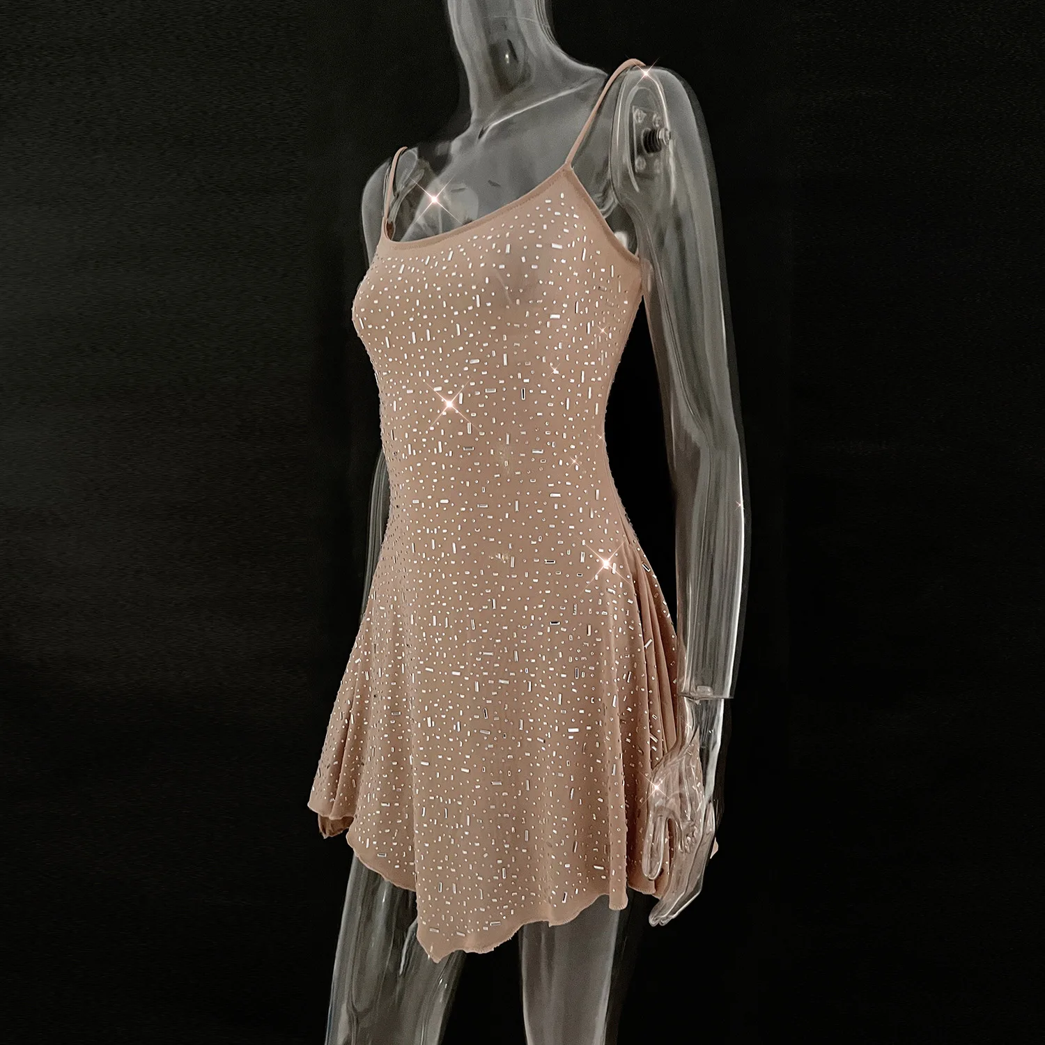 Fashion Sexy Sheer Embellished Scoop Neck Sling Mini Dress Casual Women ...