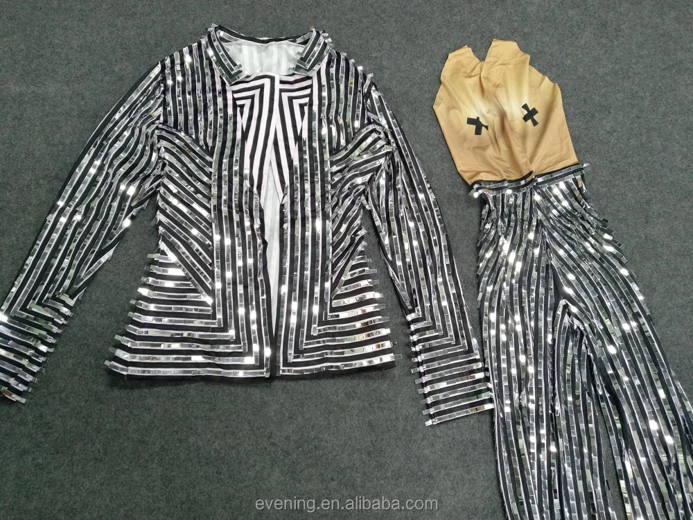 Womens Costumes Stripe Silver Sequins Suits + Flare Jumpsuit Nightclub ...