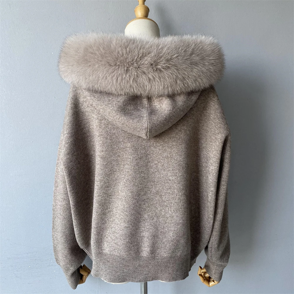 Autumn Luxury Real Fox Fur Collar Hooded Pullover Set