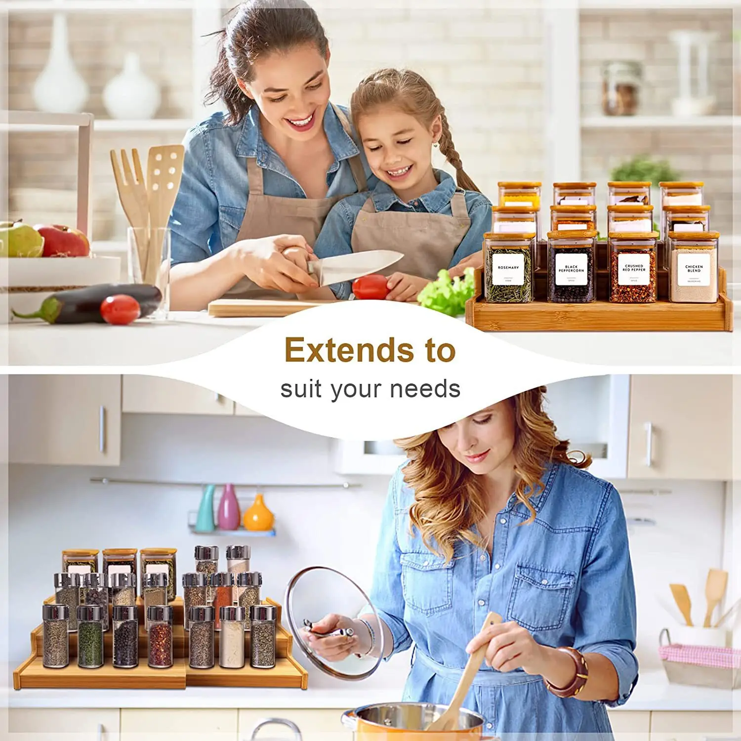 3 Tier Expandable Wooden Spice Racks - Eco-Friendly Food Display