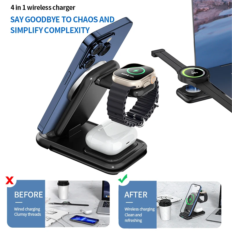 Portable Desktop Mobile Phone Wireless Charger Station 4 In 1 Folding ...