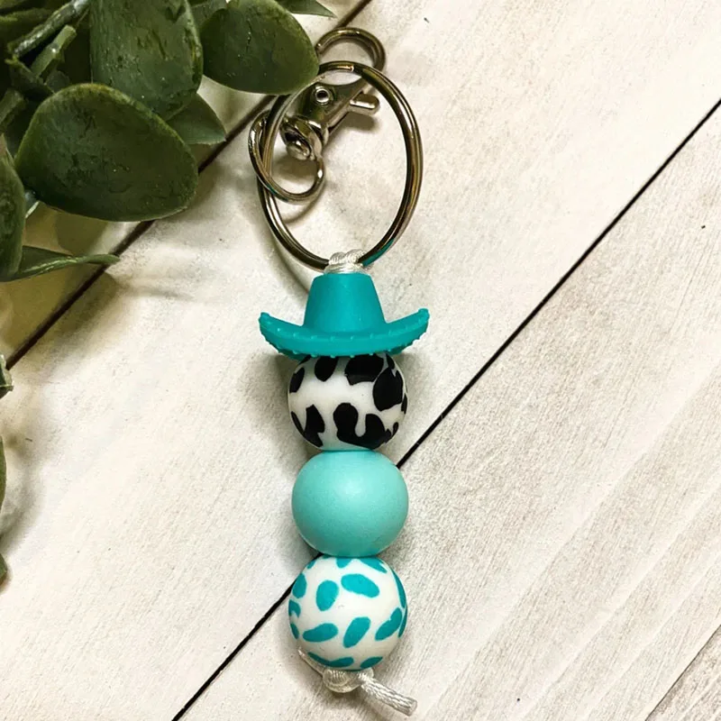 Cute Cowboy Hat and Boot Cow Print Silicone Beaded Keychain