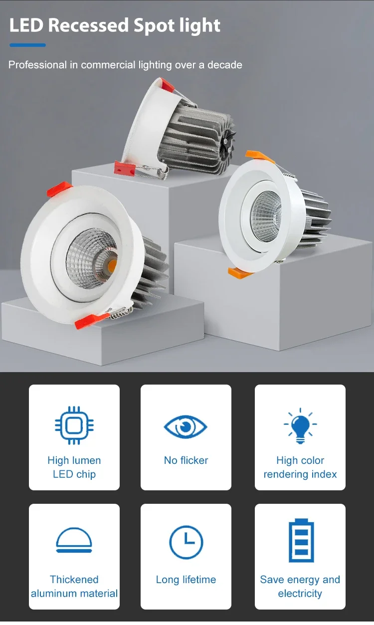 7w 12w 20w 30w Spot Light Modern Design Wide Beam Recessed Led Downlights Single Head Dimmable ...