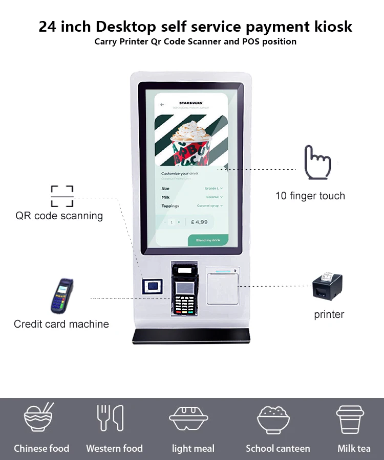 Desktop 15.6" 24 Inch Self Payment Machine for Fast Food