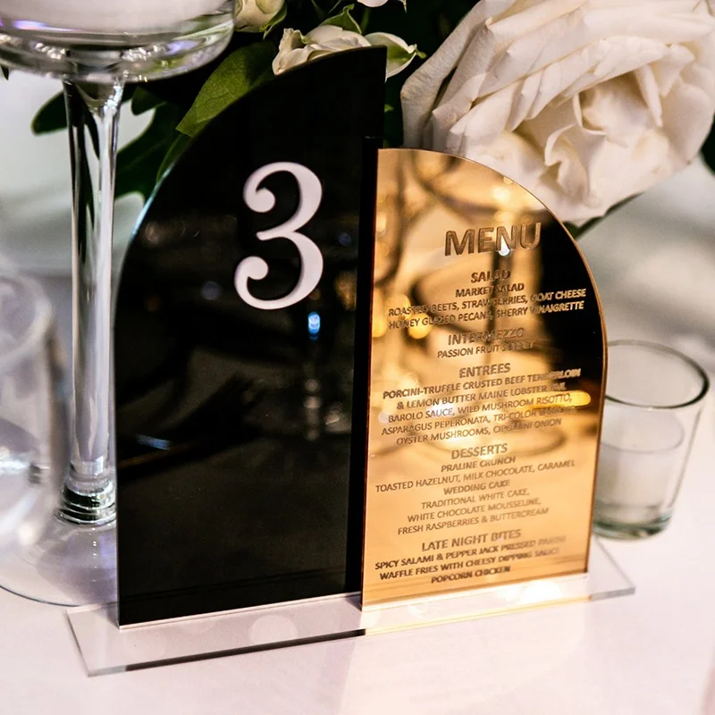 Double Half Arched Black Gold Mirror Wedding Menu & Table Number ...