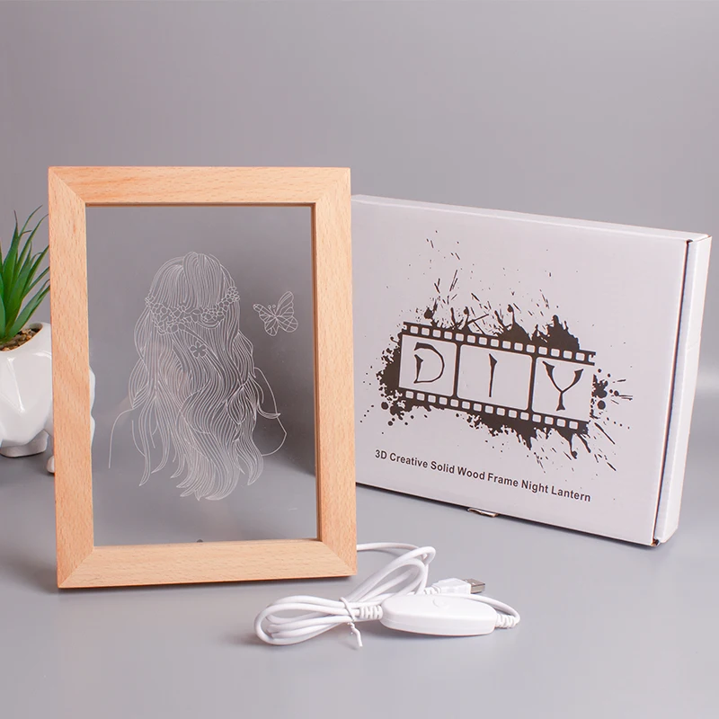 Top Seller 3D Visual LED Lamp - Natural Wood Frame Base