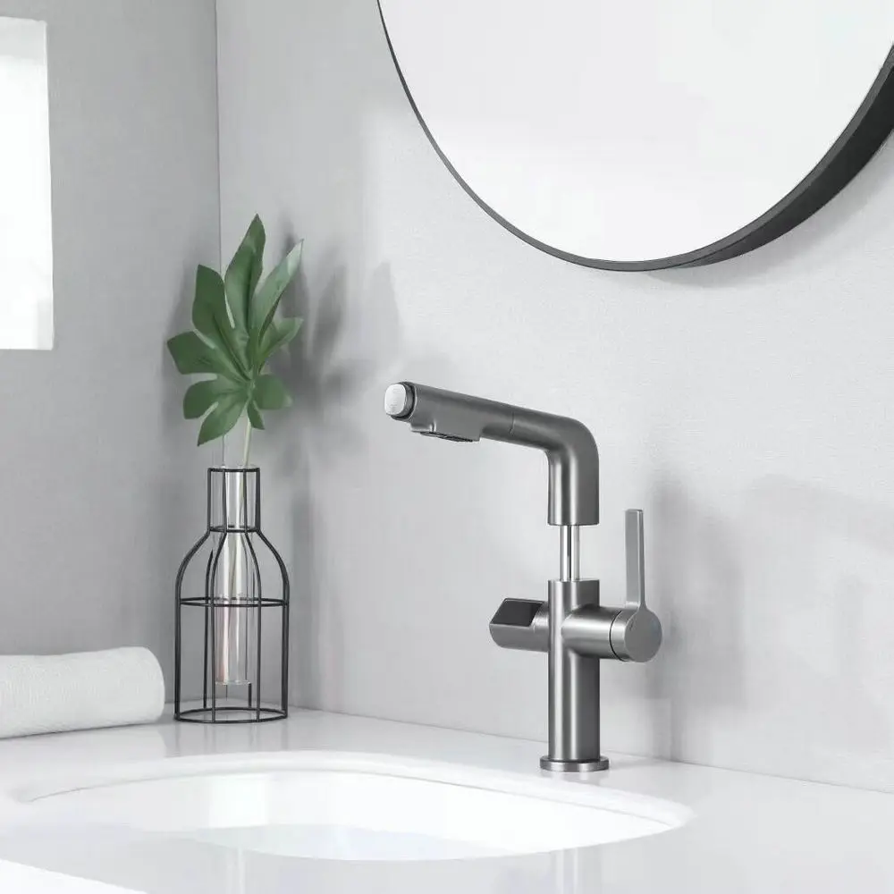 Modern Bathroom Water Tap Full Brass Countertop Pull Out Basin Faucet ...