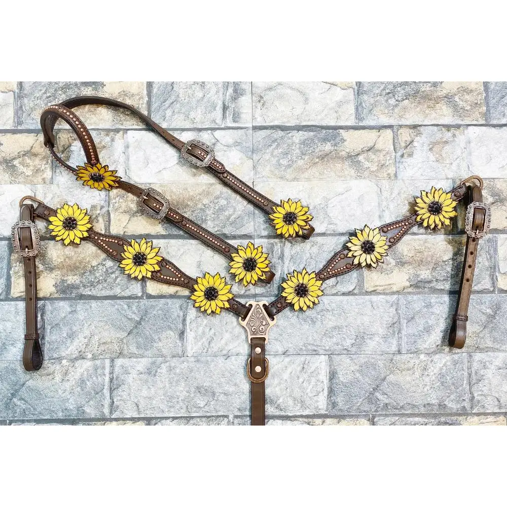 Hand Tooled Western Leather Tack Set Sunflower Decorated Breast Collar ...