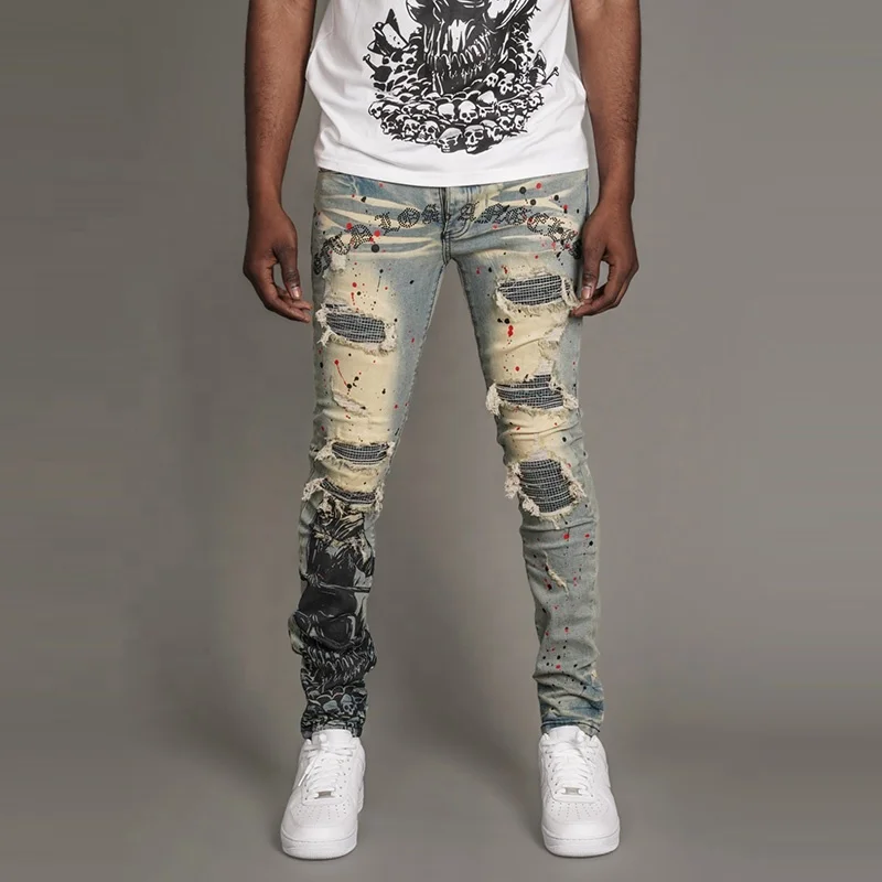 New Design Custom Jean For Man Ripped Patchwork Splash-ink Plus Size ...