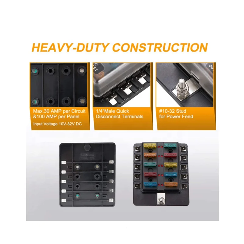 10-way Fuse Box Blade Fuse Block Holder With Led Indicator For Blown ...