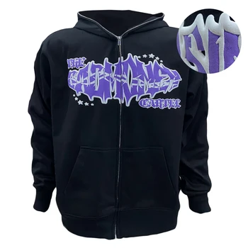 Custom 3d Puff Printing Cotton Hoodie Zipper Heavyweight Fleece Full ...