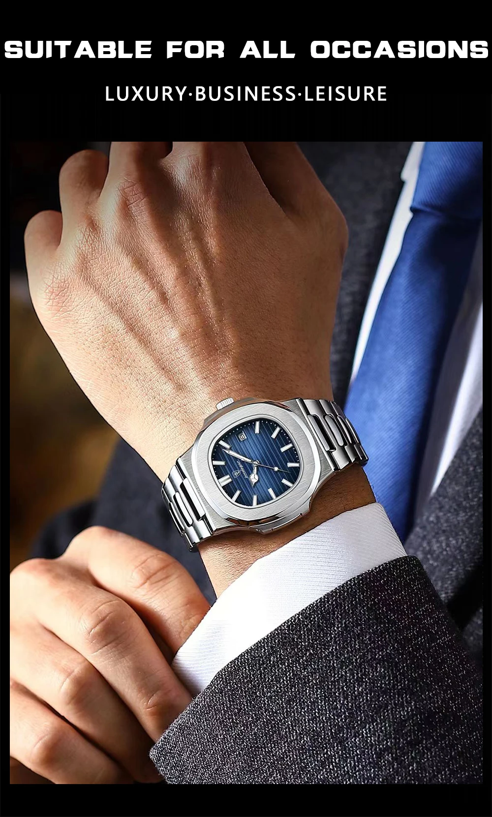 Reloj de Acero Inoxidable Hombre Análogico Plateado Azul con Fechador ...