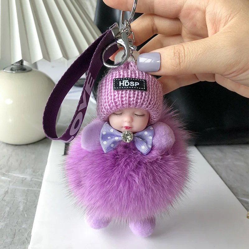 Sweet Cute Sleeping Baby Doll Keychain - Fluffy Plush Rabbit Fur Ball ...