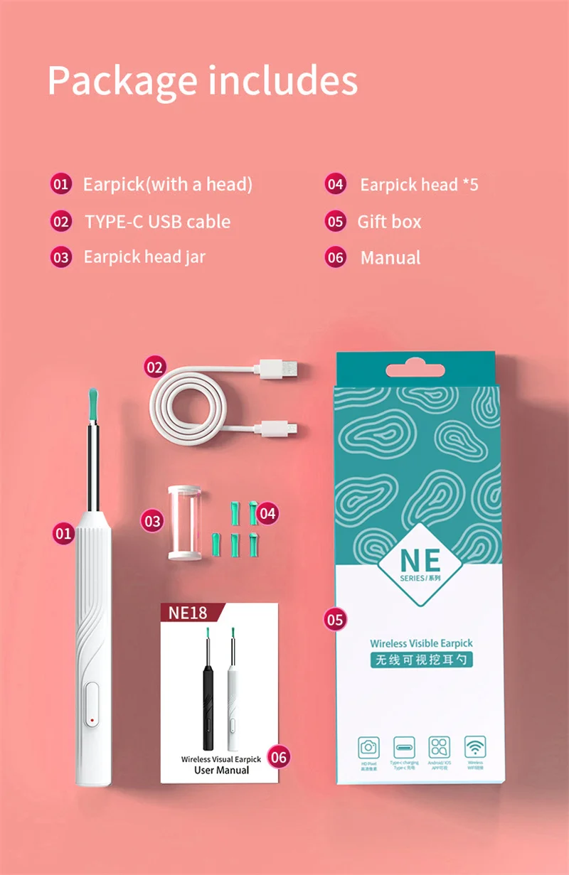 Wireless Smart Visual Ear Cleaner Spoon Scoop Otoscope Wifi Ear Wax ...