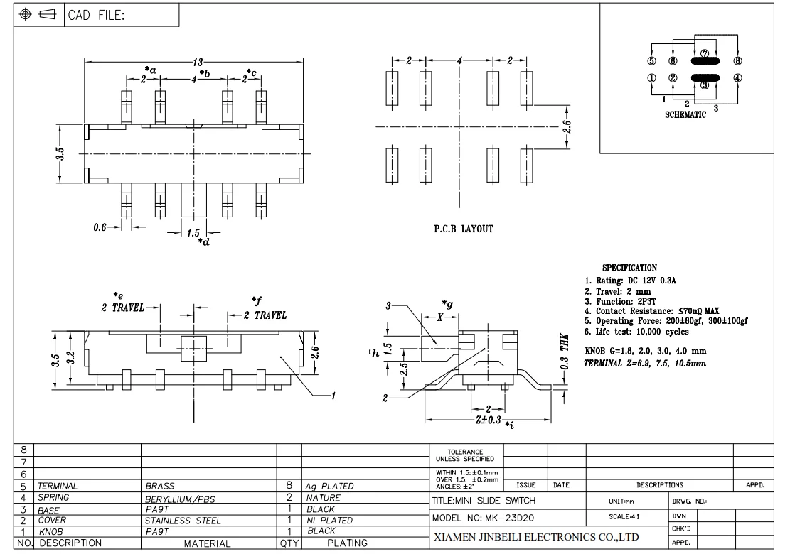 Mini DP3T Vertical Slide Switch - High Current Flashlight Switch