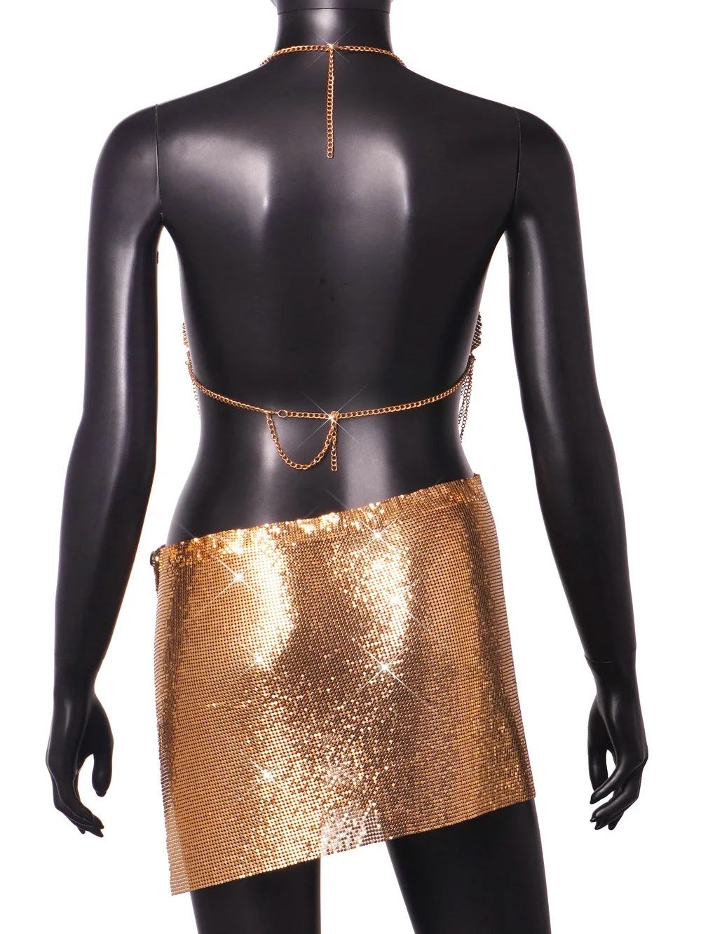 Gold Metallic Clothes Dress Multi-layed Link Chain Trim Backless Club ...