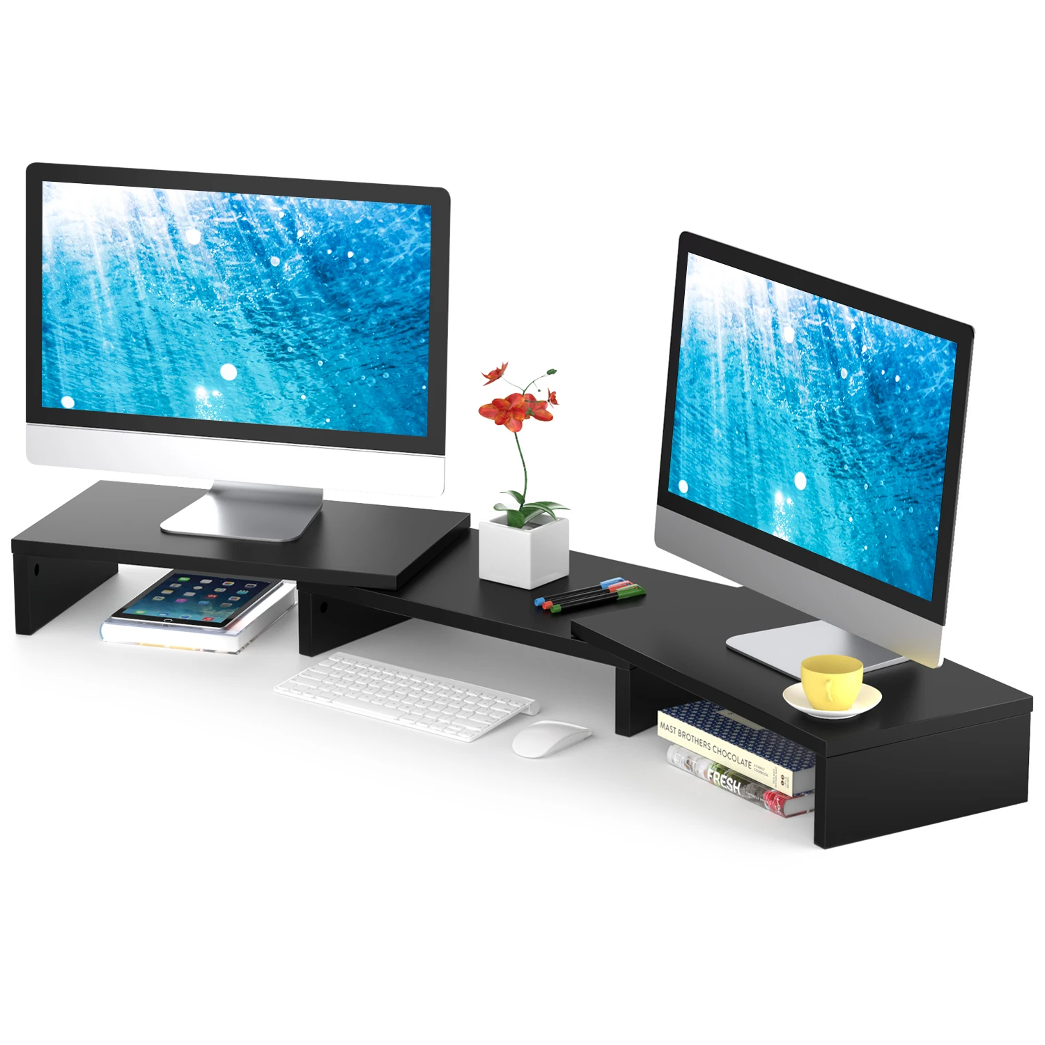 Black MDF Dual Monitor Stand Riser Office Desktop Organizer Stand for 2 ...