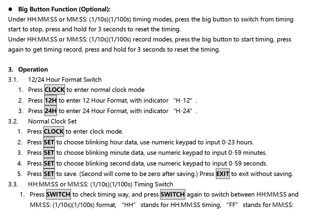 Race Timing Clock with Start Stop Button - Electronic Stopwatch
