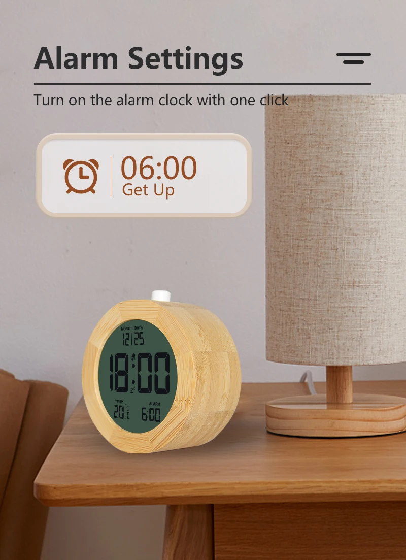 EMAF Real Alarm Clock - Digital Desk with Bamboo Frame