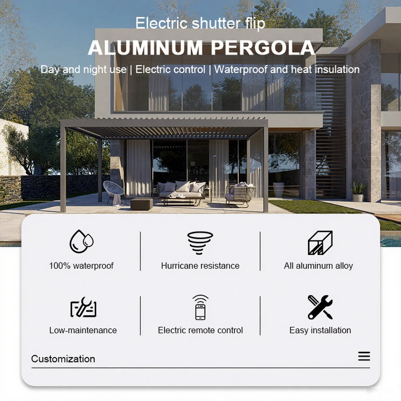 Aluminium Outdoor Motorized Glass Pergola with Openable Roof Powder ...