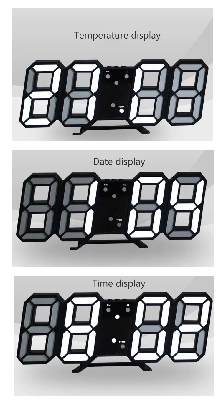 White Number Time 3D Wall LED Alarm Digital Clock for Home