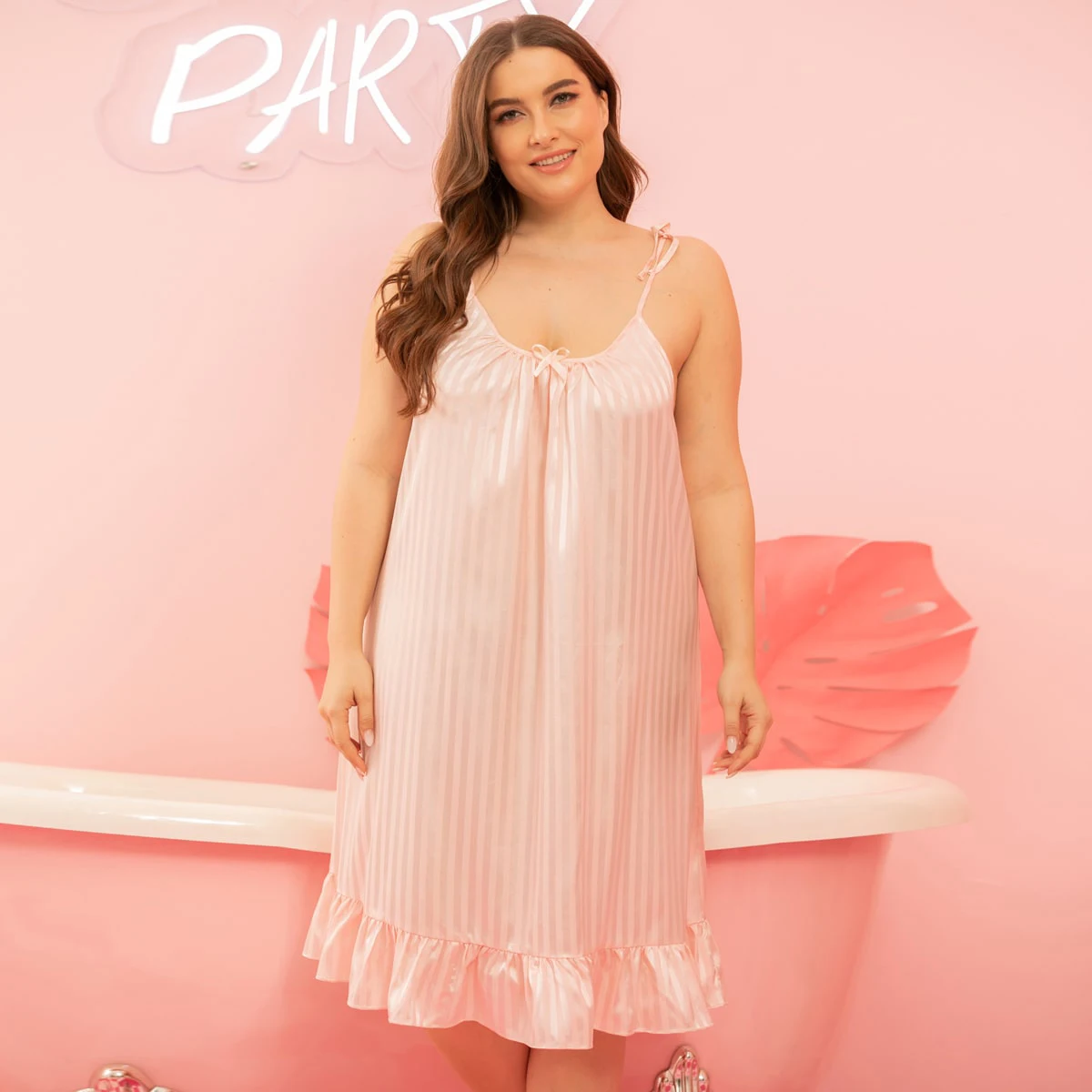 Wholesale Striped Ruffled Hem V Neck Nightgown Pink Plus Size Women ...
