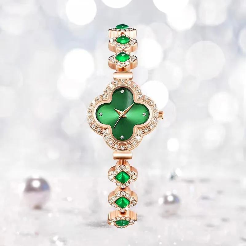 230814-3 Fashion Four-leaf Clover Bracelet Quartz Watch Emeralds Women ...