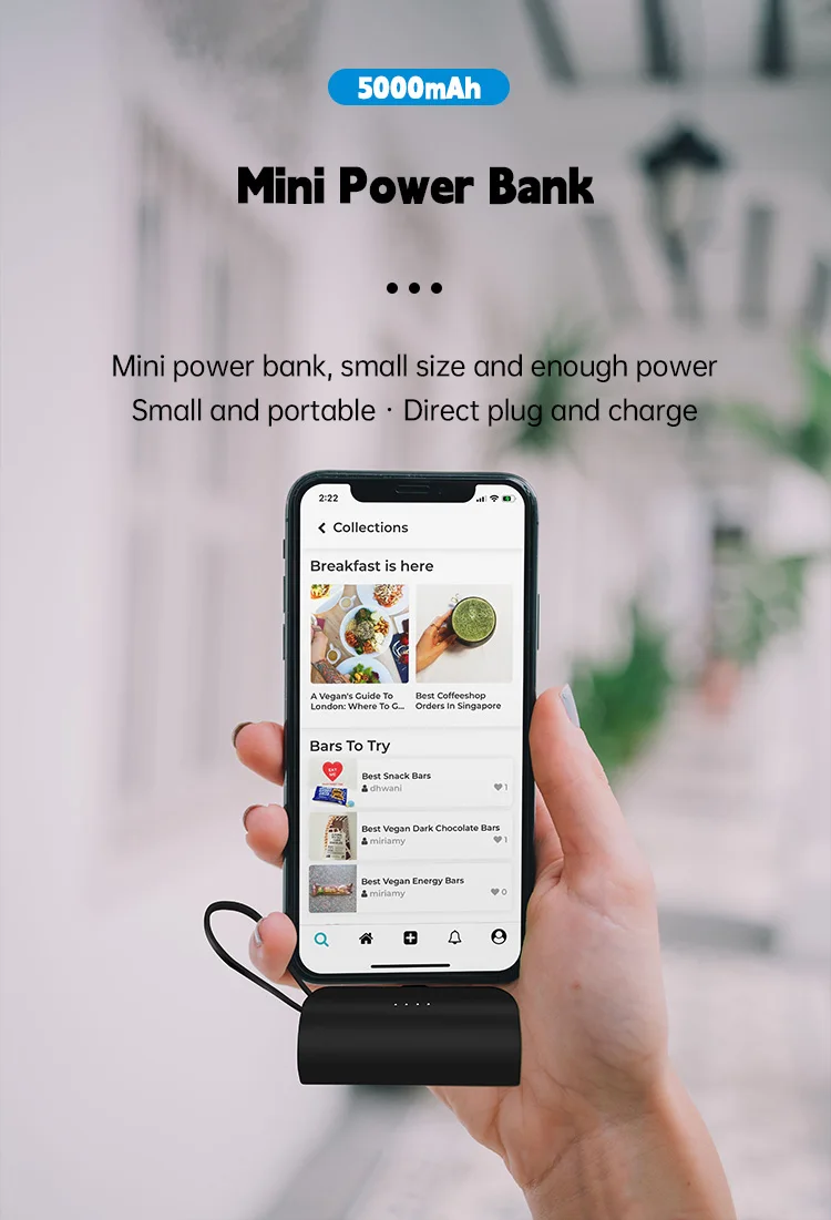 5000mah Mini Power Bank with Built-in Cable and Stand