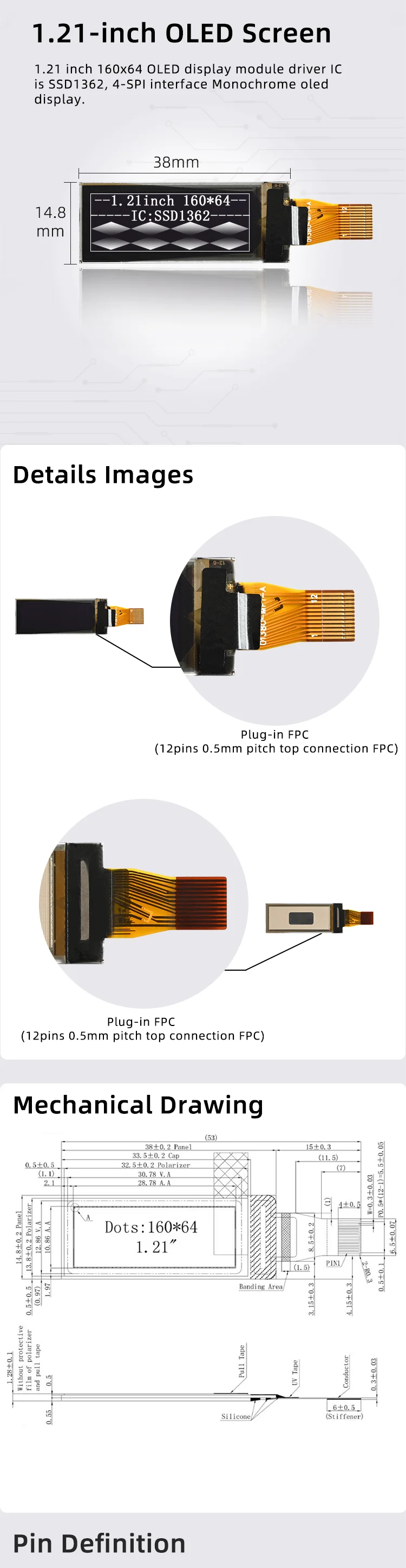 1.21 Inch OLED Display Module - 160x64 SSD1362 SPI Interface