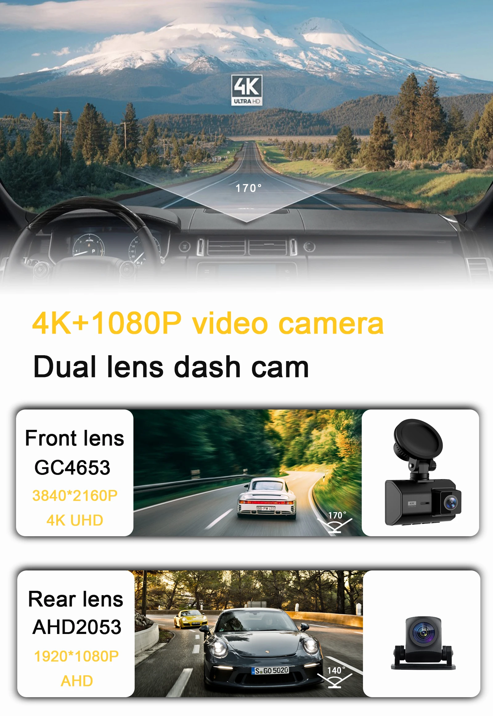 M500 Hd 4k Dashcam Front And Rear Dual Lens Dash Camera 4k+1080p Vision ...