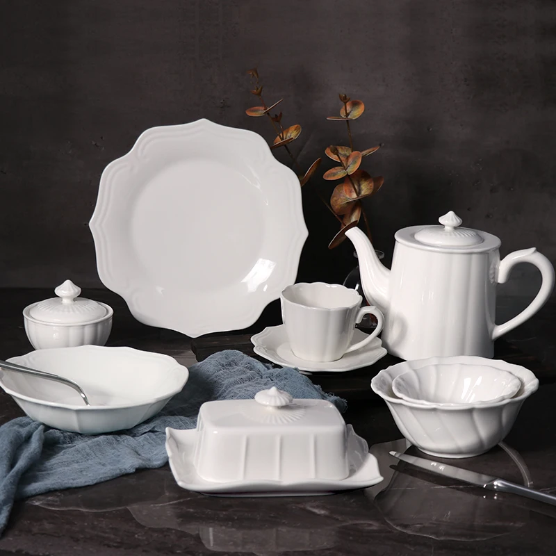 White Nordic China Dinner Set Embossed Crockery Ceramic Dinnerware Set ...