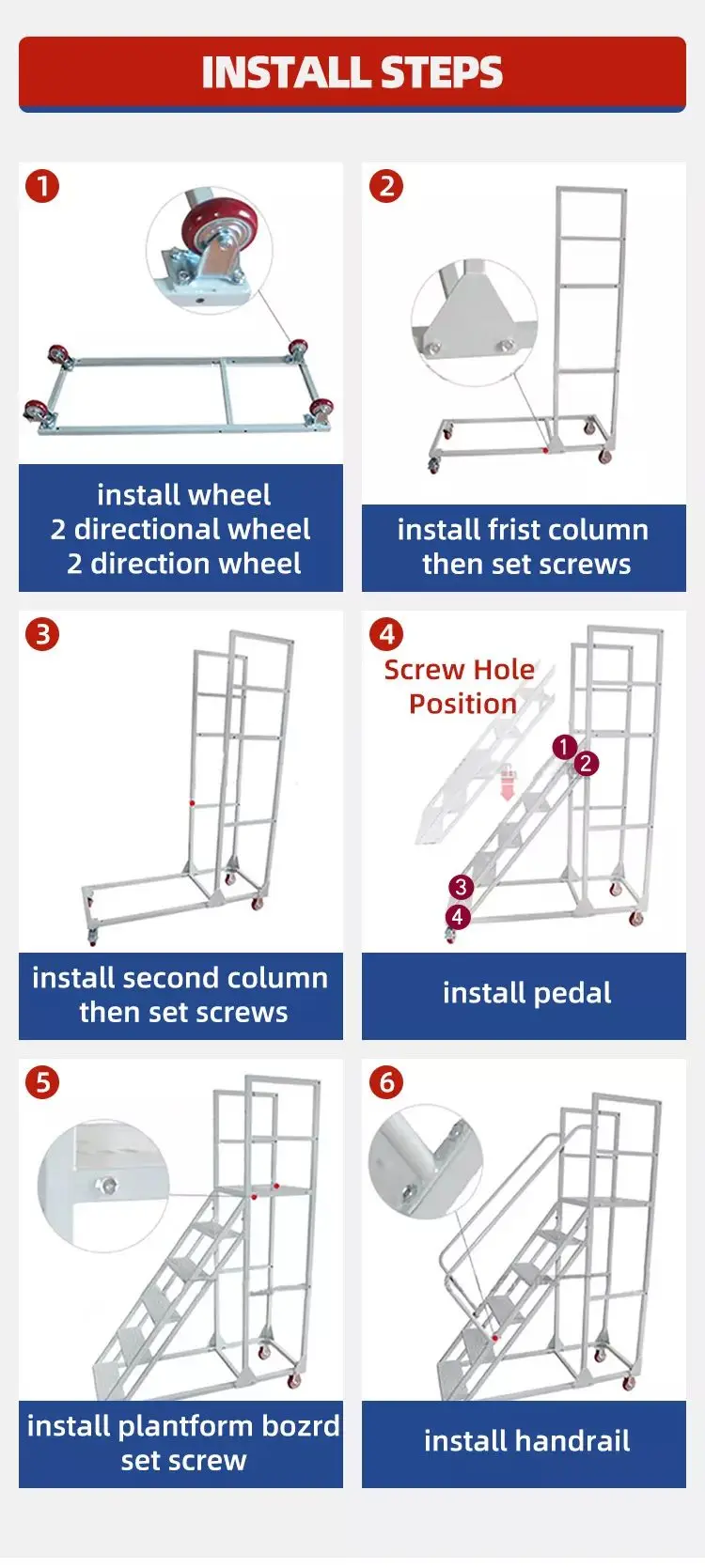 Warehouse Steel Safety Rolling Mobile Platform Ladder