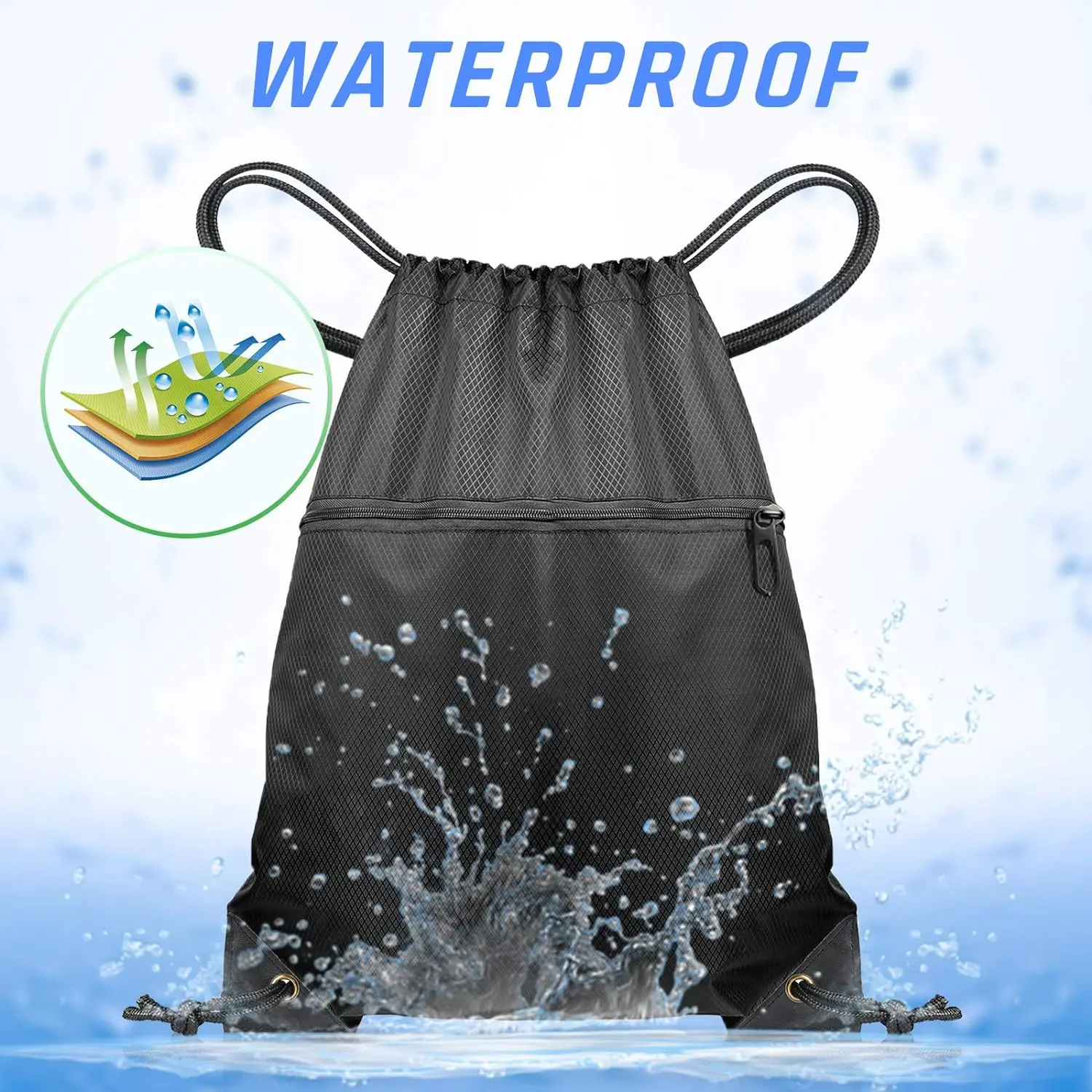 New Swimming Camping Beach Waterproof Recycled Black Heavy Duty Drawstring Backpack Sports Gym ...