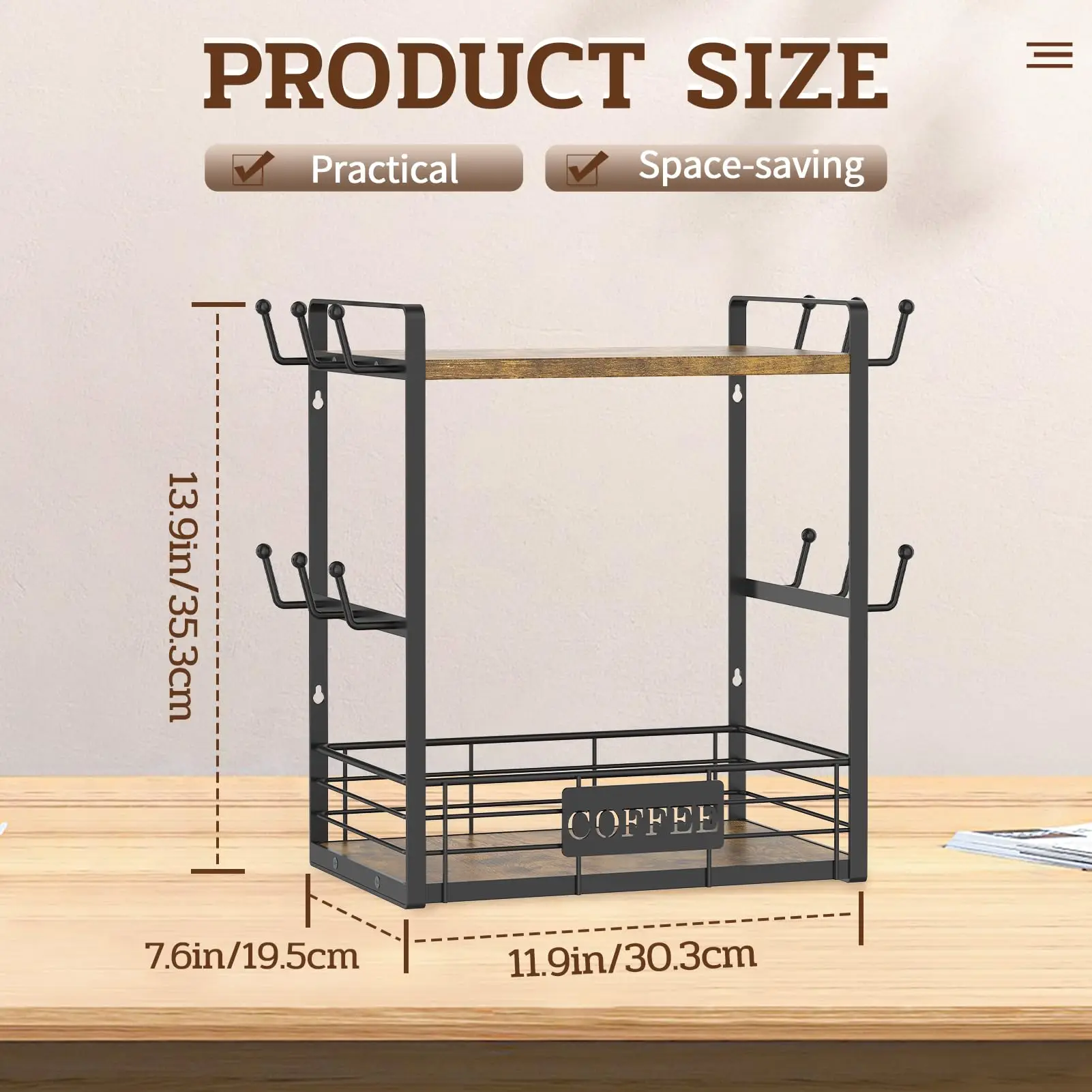 2 Tier Coffee Cup Holder For Countertop 12 Hooks Coffee Mug Stand ...